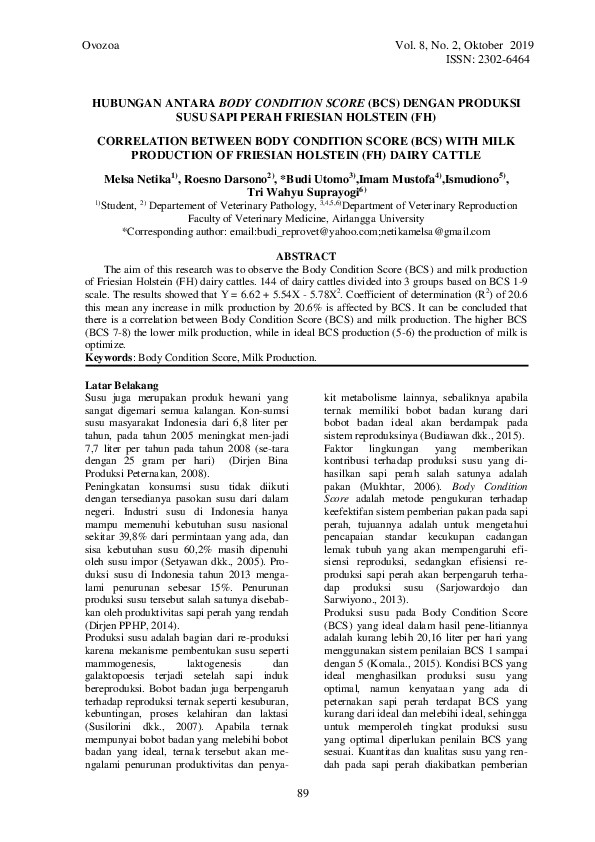 (PDF) Hubungan Antara Body Condition Score (BCS) Dengan Produksi Susu Sapi Perah Friesian ...
