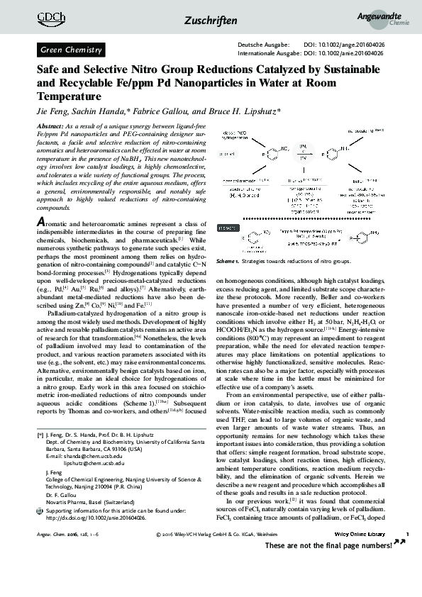 (PDF) Safe and Selective Nitro Group Reductions Catalyzed by ...