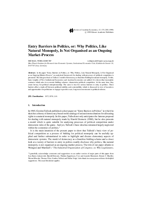 (PDF) Entry Barriers in Politics, or: Why Politics, Like Natural ...