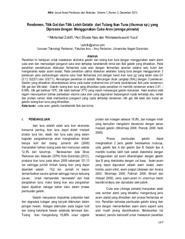 (PDF) Rendemen, Titik Gel dan Titik Leleh Gelatin dari Tulang Ikan Tuna ...