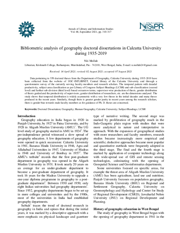 (PDF) Bibliometric analysis of geography doctoral dissertations in ...