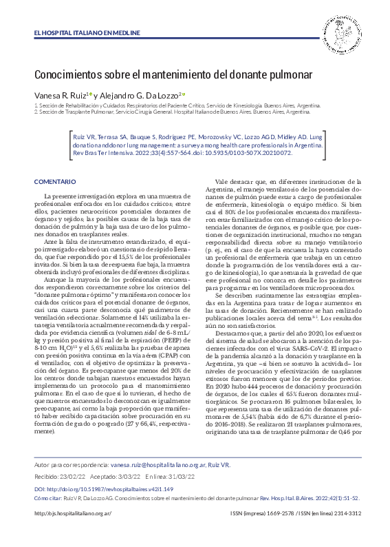 (PDF) Conocimientos sobre el mantenimiento del donante pulmonar