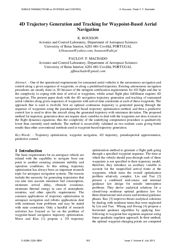 Pdf 4 D Trajectory Generation And Tracking For Waypoint Based Aerial Navigation