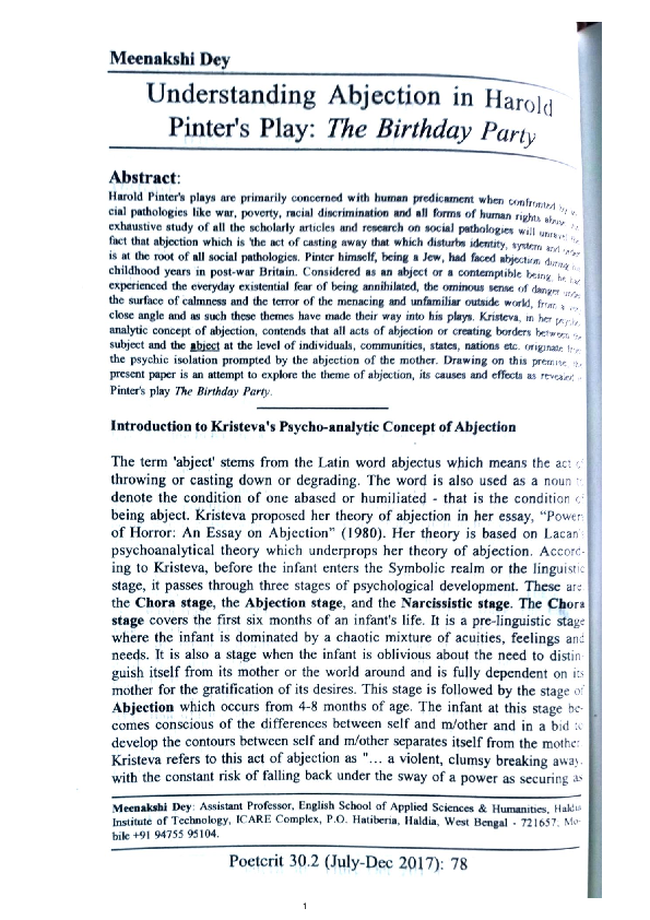 (PDF) Understanding Abjection in Harold Pinter's Play : The Birthday Party