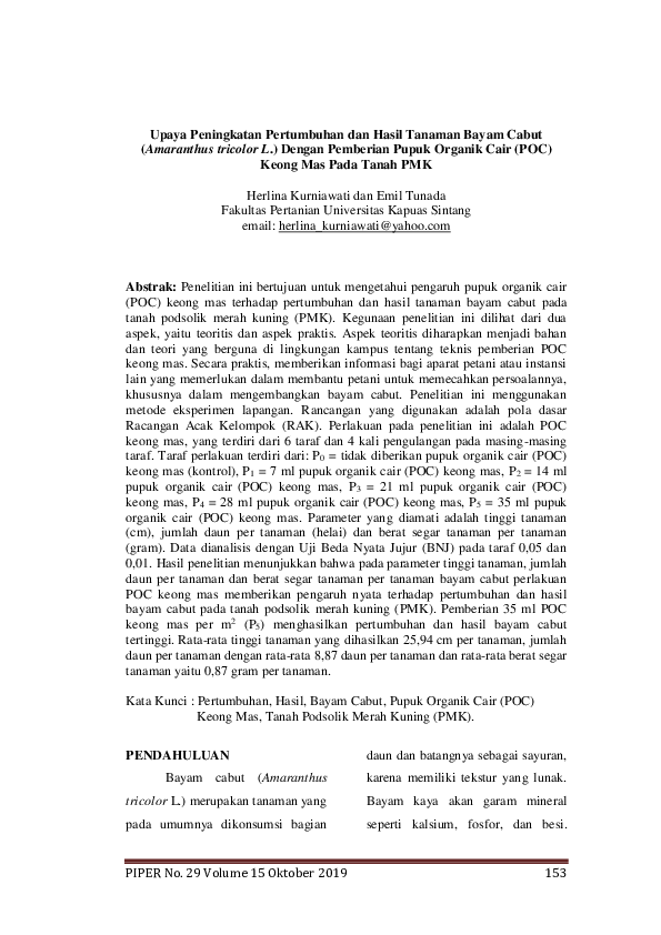 (PDF) Upaya Peningkatan Pertumbuhan dan Hasil Tanaman Bayam Cabut (Amaranthus tricolor L ...