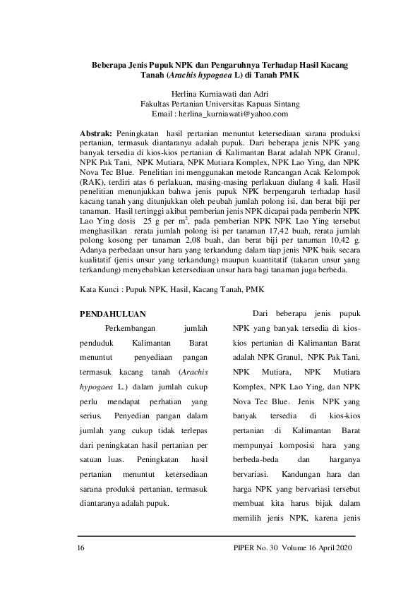 (PDF) Beberapa Jenis Pupuk NPK dan Pengaruhnya Terhadap Hasil Kacang Tanah (Arachis hypogaea L ...