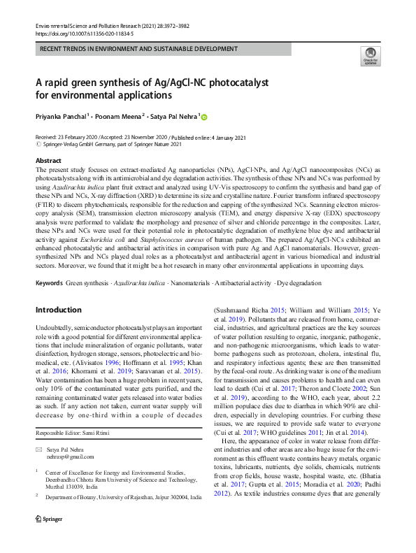 (PDF) A rapid green synthesis of Ag/AgCl-NC photocatalyst for ...