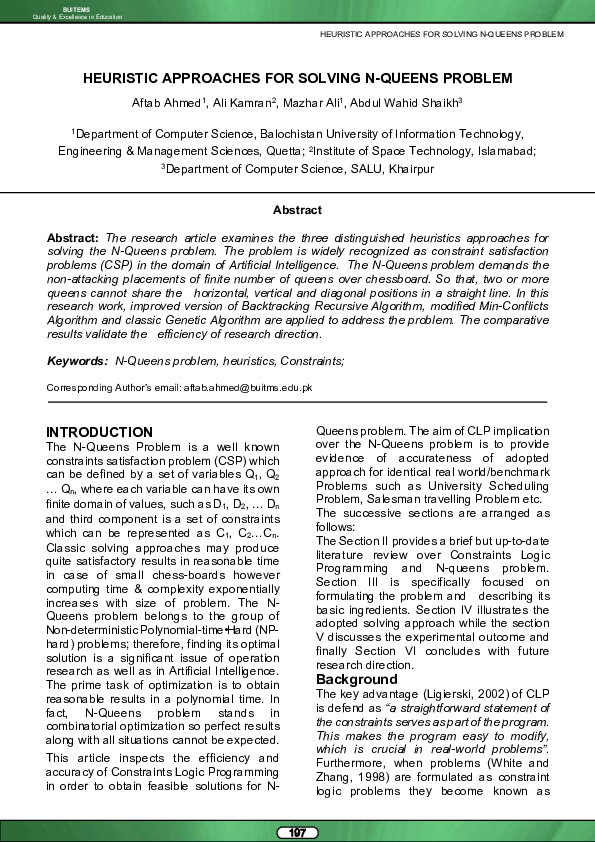 Pdf Heuristic Approaches For Solving N Queens Problem