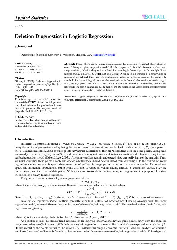 (PDF) Deletion Diagnostics in Logistic Regression