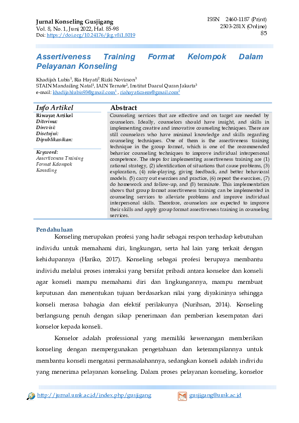 (PDF) Assertiveness Training Format Kelompok Dalam Pelayanan Konseling
