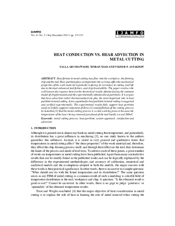 (PDF) Heat Conduction vs. Hear Advection in Metal Cutting