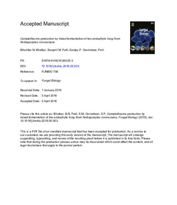 (PDF) Camptothecine production by mixed fermentation of two endophytic ...