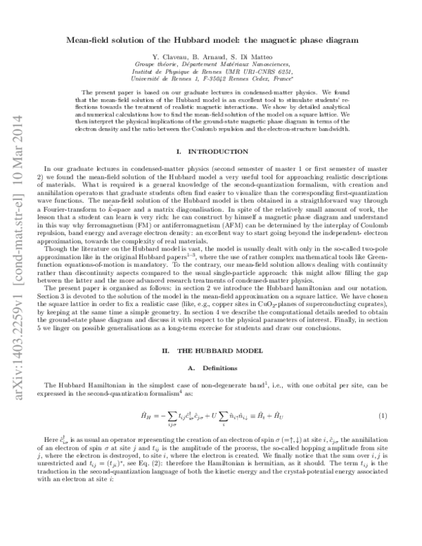 (PDF) Mean-field solution of the Hubbard model: the magnetic phase diagram