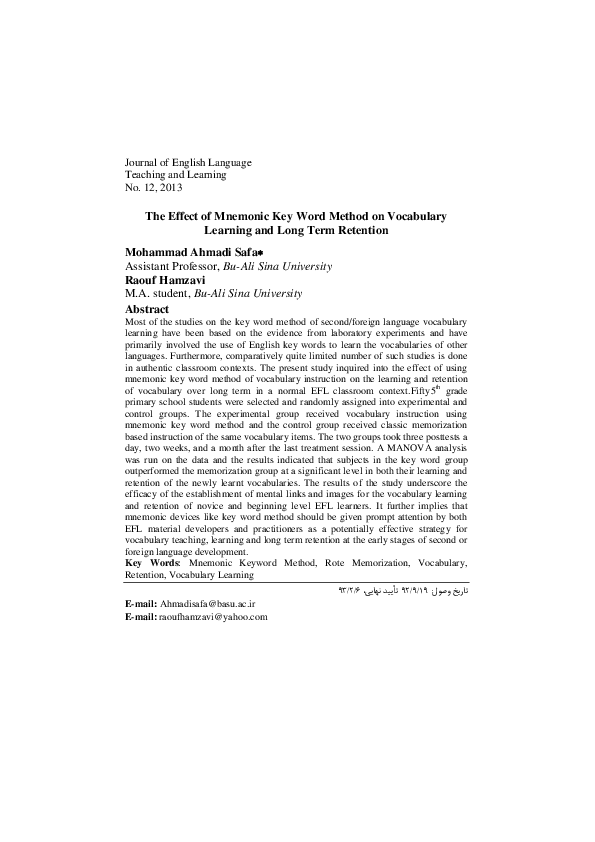 (PDF) The Effect of Mnemonic Key Word Method on Vocabulary Learning and ...