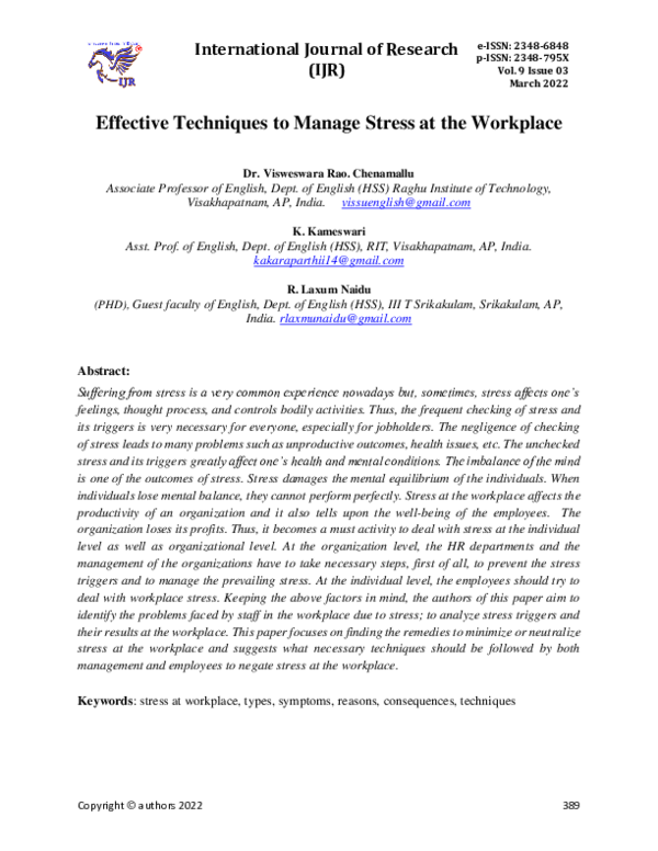 (PDF) Effective Techniques to Manage Stress at the Workplace