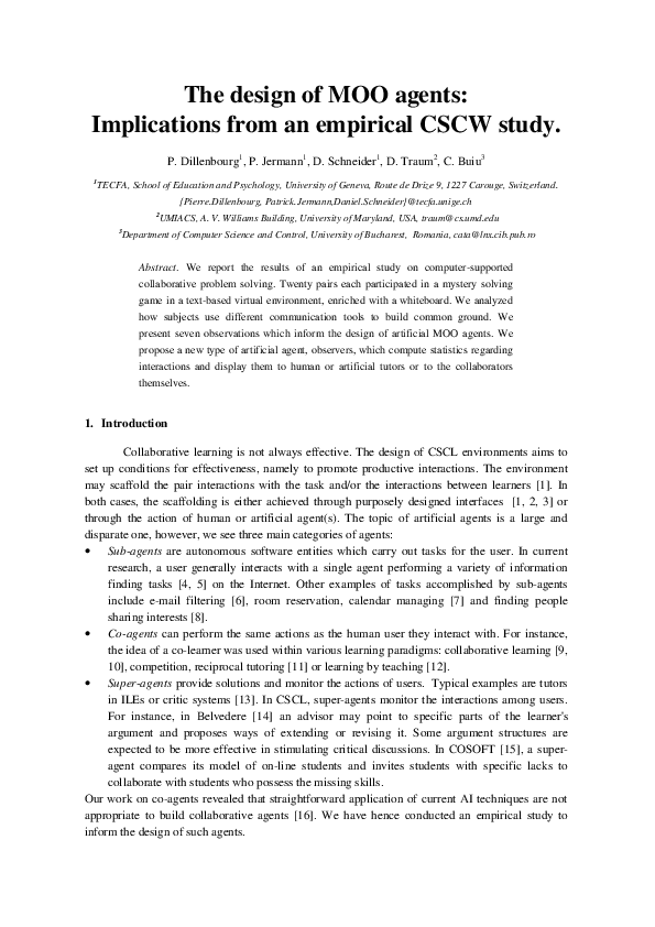 (PDF) The design of MOO agents: Implications from an empirical CSCW study