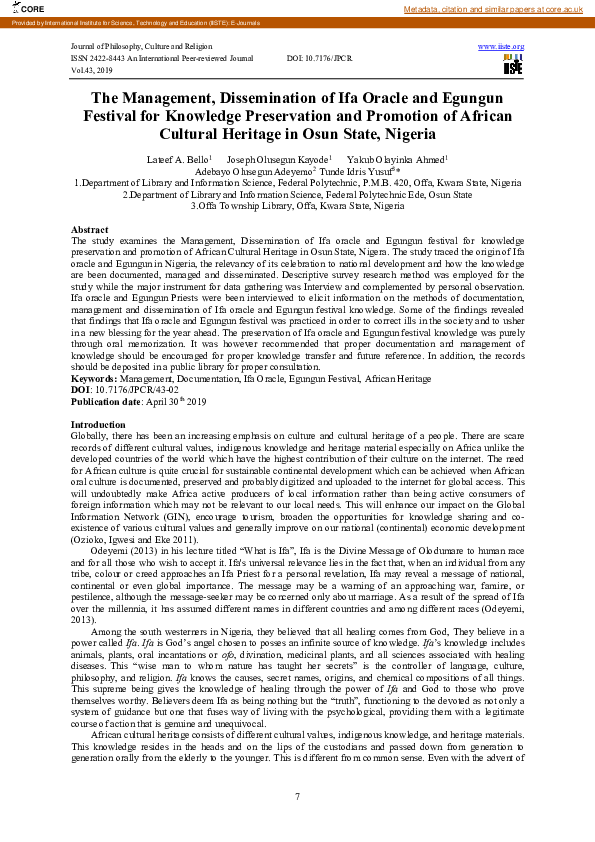 (PDF) The Management, Dissemination of Ifa Oracle and Egungun Festival ...