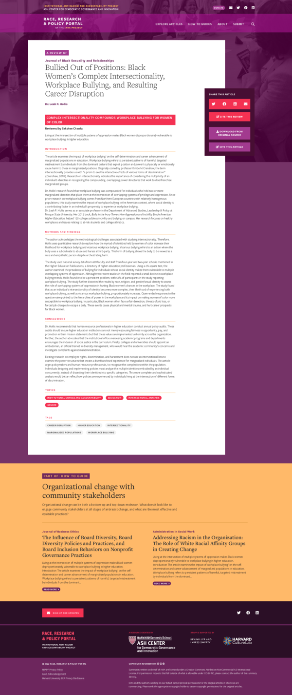 (PDF) HARVARD REVIEW Bullied Out of Positions: Black Women's Complex ...
