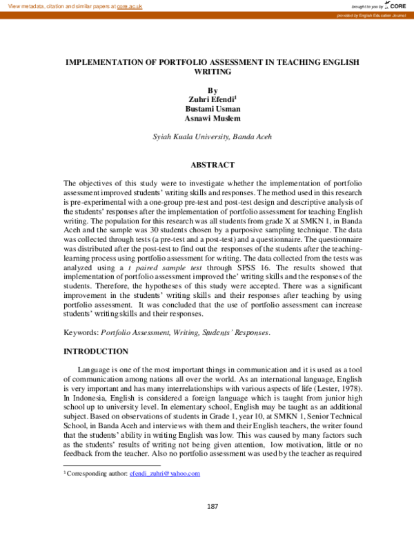 (PDF) Implementation of portfolio assessment in teaching English writing