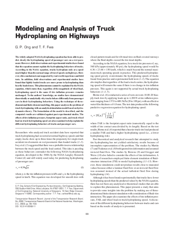 (PDF) Modeling and Analysis of Truck Hydroplaning on Highways