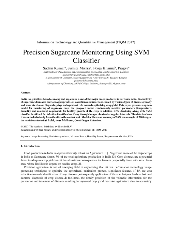 (PDF) Precision Sugarcane Monitoring Using SVM Classifier