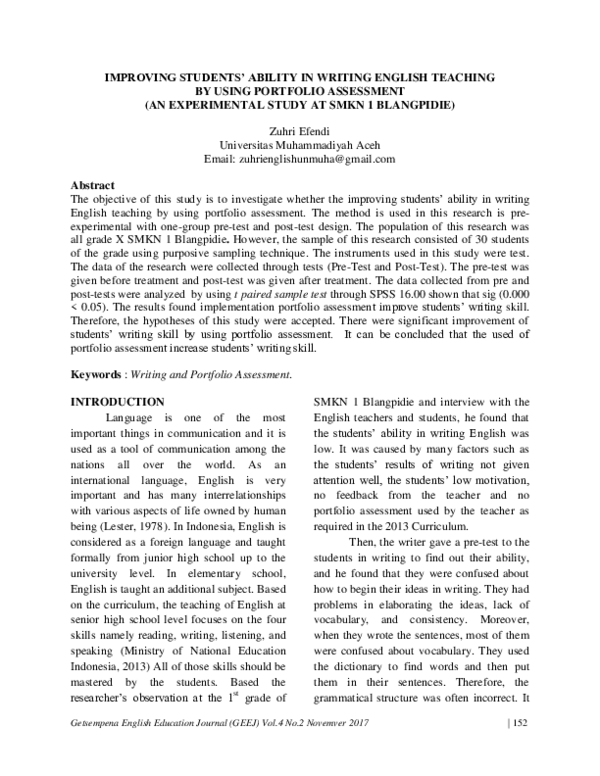 (PDF) Improving Students' Ability in Writing English Teaching by Using Portfolio Assessment