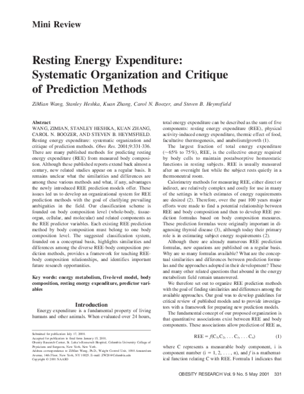 (PDF) Resting Energy Expenditure: Systematic Organization and Critique ...