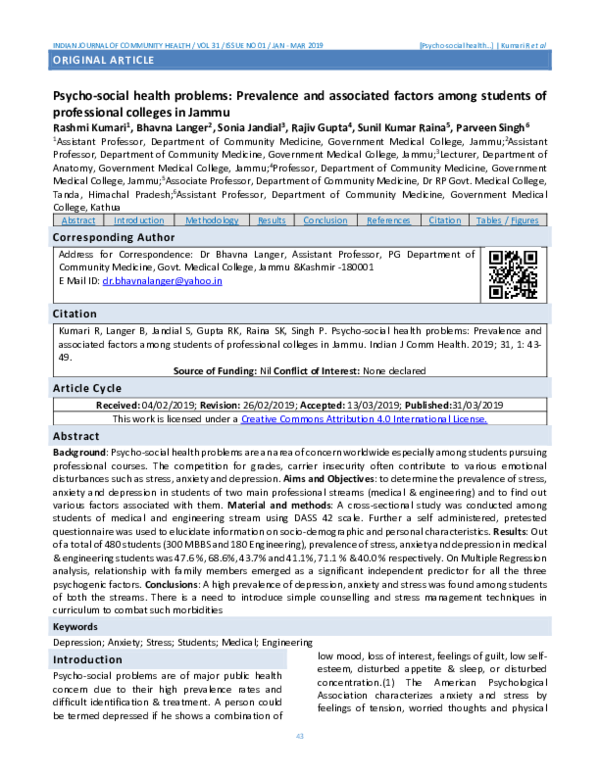 (PDF) Psycho-social health problems: Prevalence and associated factors ...