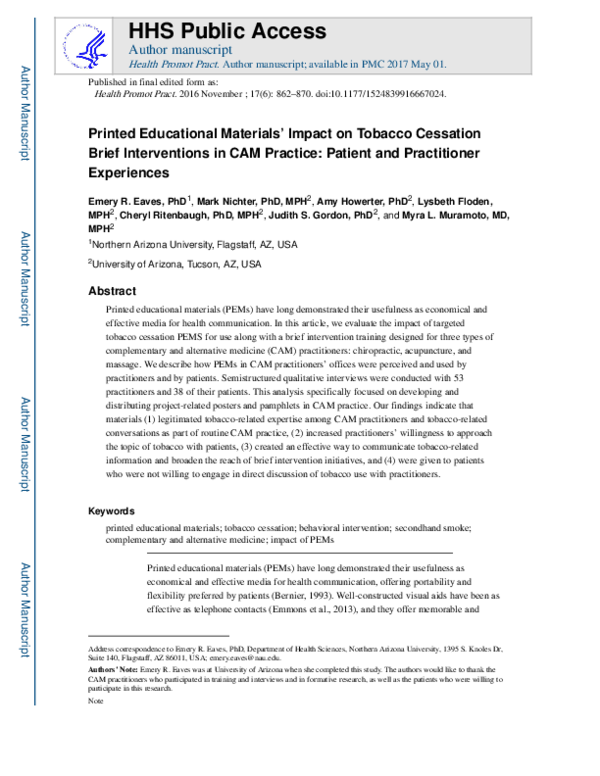 (PDF) Printed Educational Materials' Impact on Tobacco Cessation Brief Interventions in CAM ...