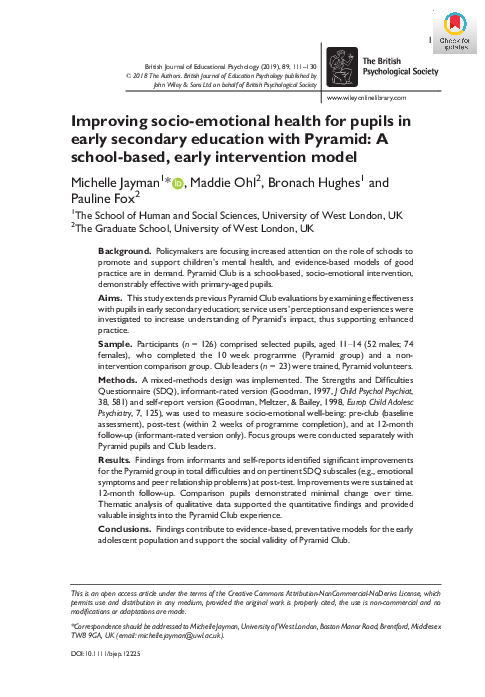 (PDF) Improving socio-emotional health for pupils in early secondary ...