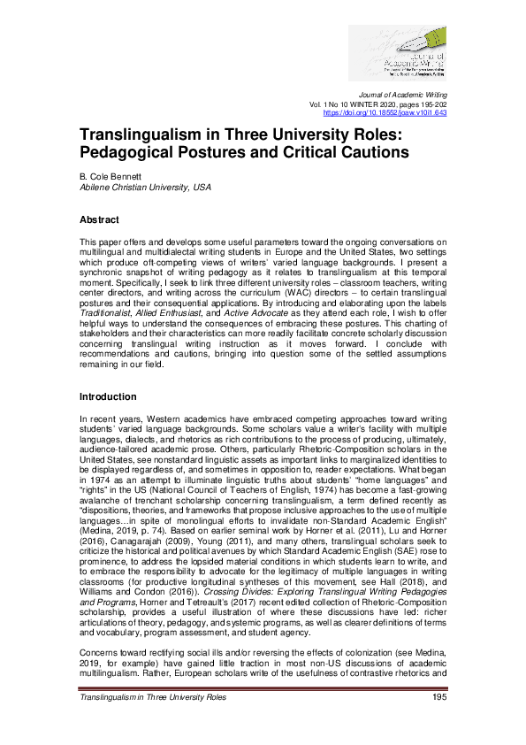 (PDF) Translingualism in Three University Roles: Pedagogical Postures ...