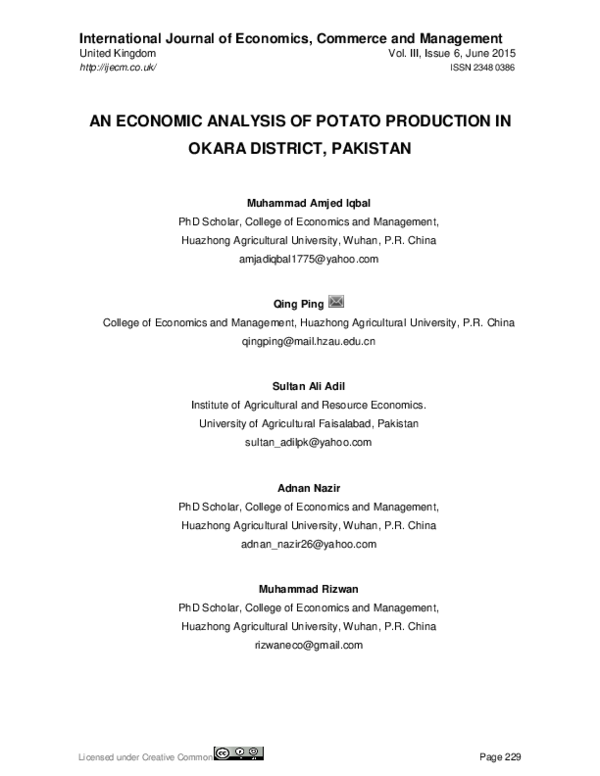 (PDF) International Journal of Economics, Commerce and Management AN ECONOMIC ANALYSIS OF POTATO ...