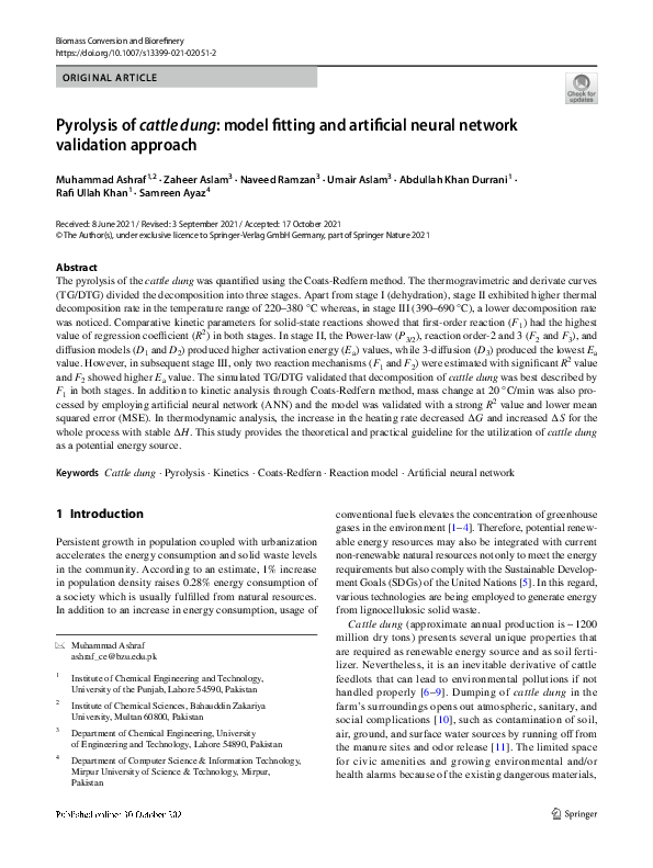 Pyrolysis of cattle dung: model fitting and artificial neural network ...