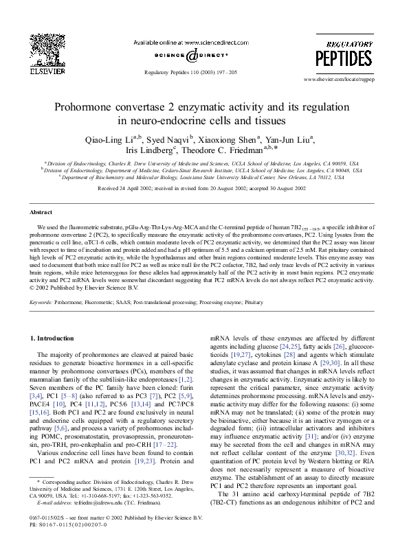 (PDF) PC2 Enzymatic Activity Regulation in Neuro-Endocrine Tissues