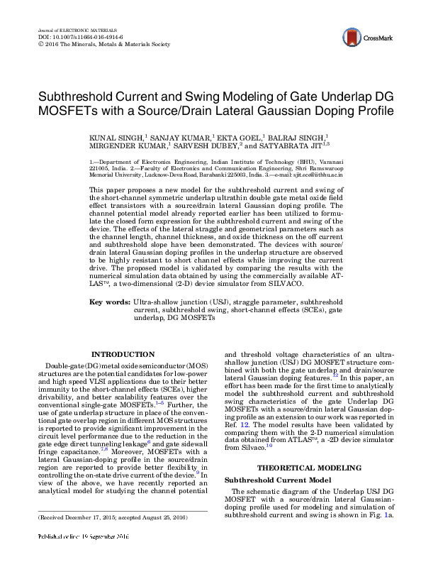 Pdf Subthreshold Current And Swing Modeling Of Gate Underlap Dg