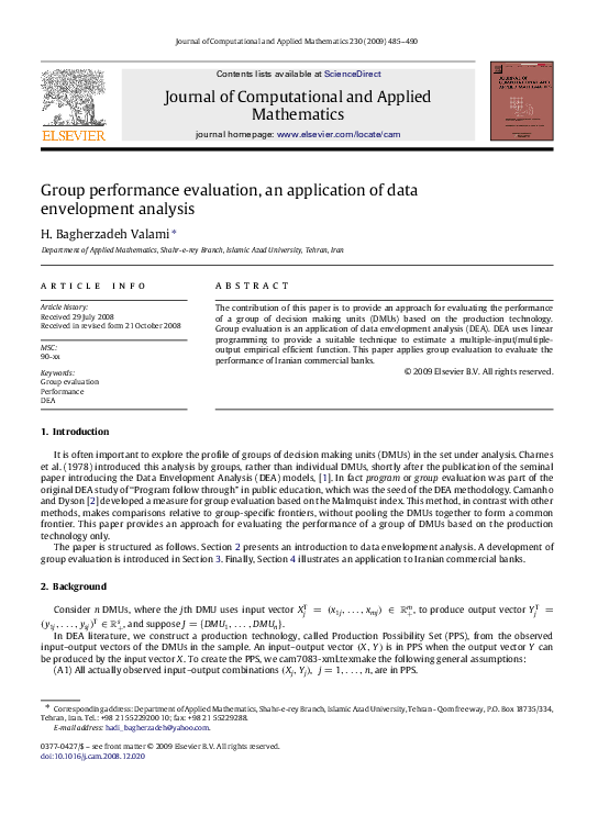 (PDF) Group performance evaluation, an application of data envelopment analysis