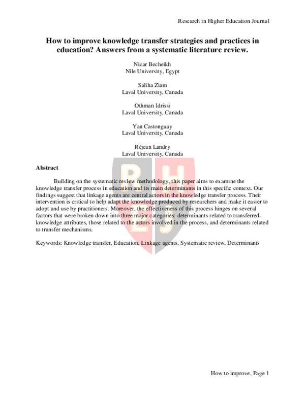 (PDF) How to improve knowledge transfer strategies and practices in education? Answers from a ...