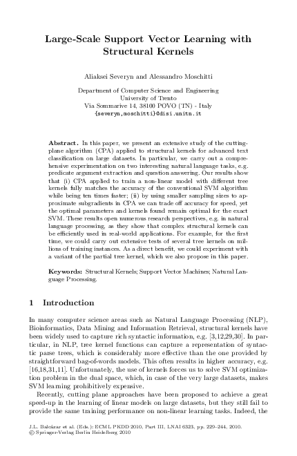 Pdf Large Scale Support Vector Learning With Structural Kernels