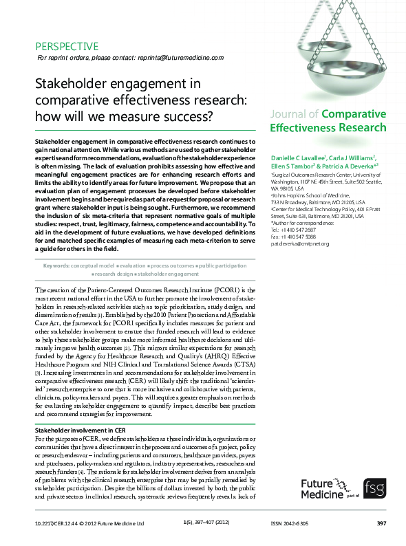 (PDF) Stakeholder engagement in comparative effectiveness research: how ...
