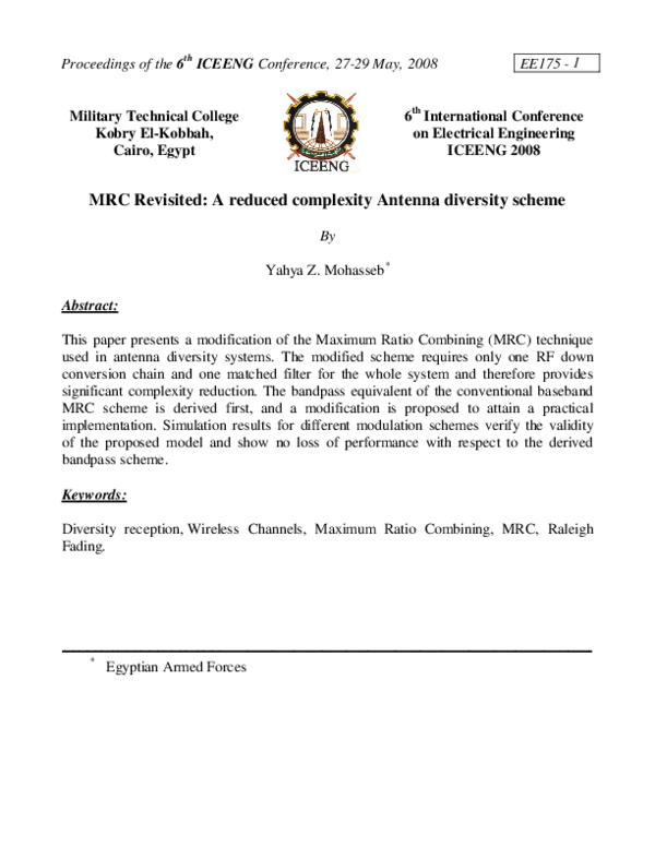 (PDF) MRC Revisited: A reduced complexity Antenna diversity scheme
