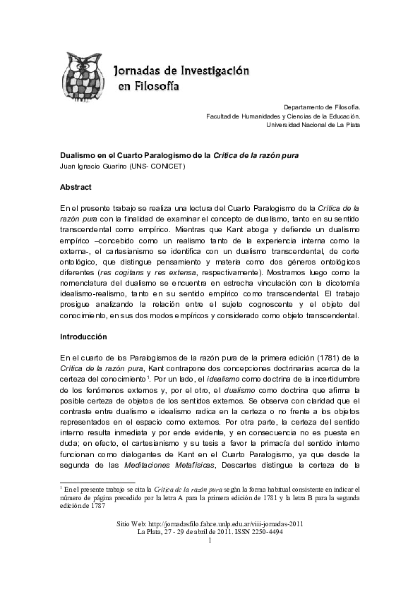 (PDF) Dualismo en el Cuarto Paralogismo de la Crítica de la razón pura