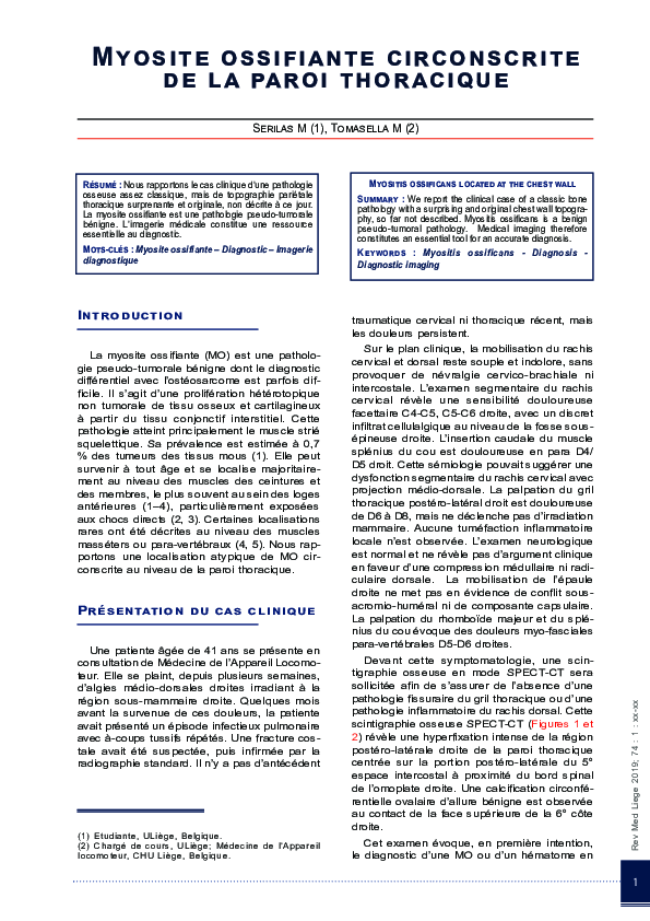 (PDF) Myosite ossifiante circonscrite de la paroi thoracique