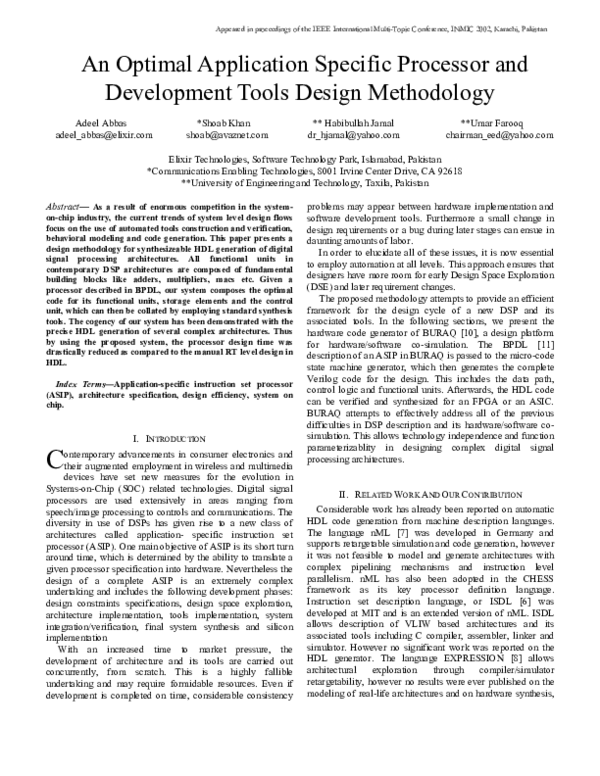 (PDF) An optimal application specific processor and development tools design methodology | umar ...