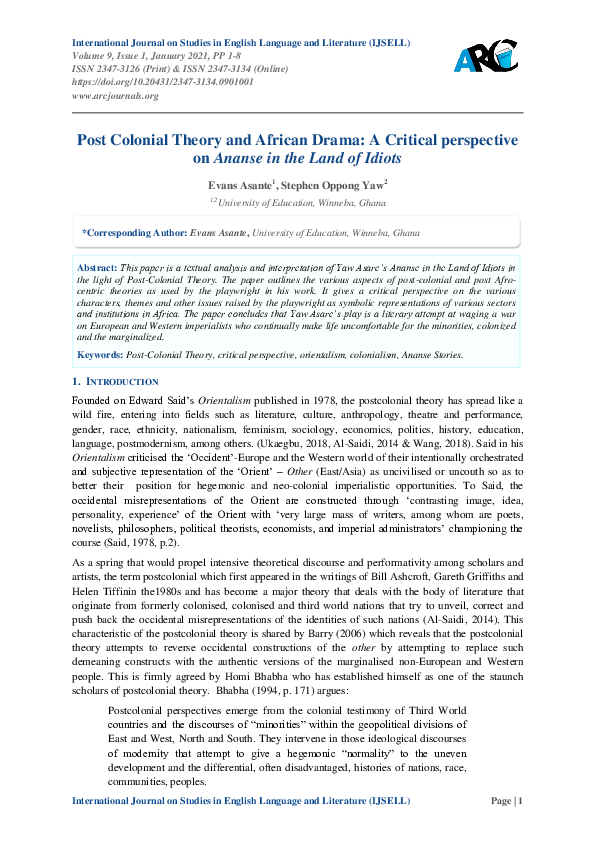 (PDF) Post Colonial Theory and African Drama: A Critical perspective on Ananse in the Land of Idiots