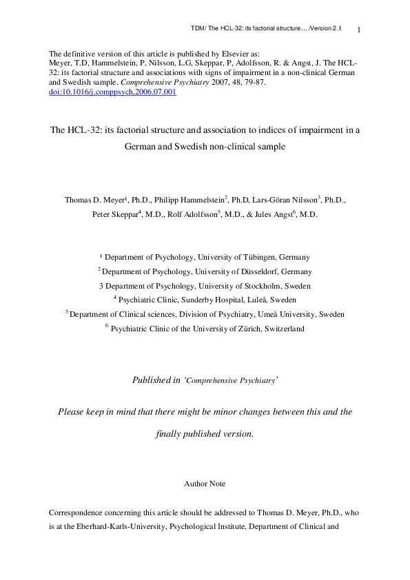 (PDF) The Hypomania Checklist (HCL-32): its factorial structure and ...