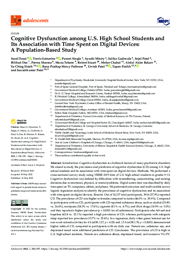 (PDF) Cognitive Dysfunction among U.S. High School Students and Its ...