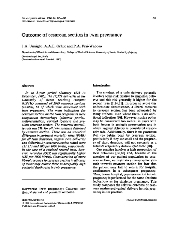 Pdf Outcome Of Cesarean Section In Twin Pregnancy