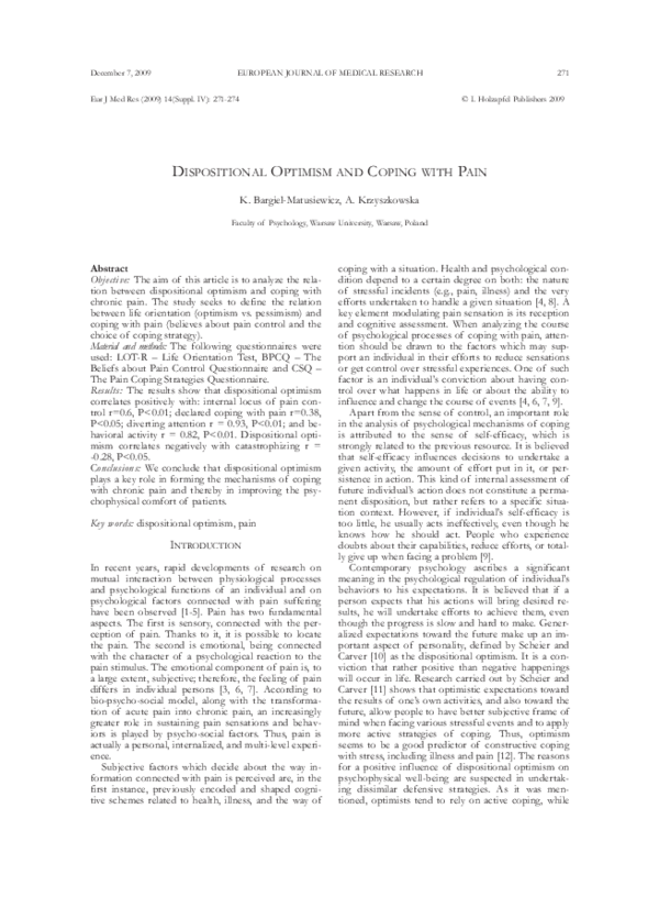 (PDF) Dispositional optimism and coping with pain | Kamilla Bargiel ...
