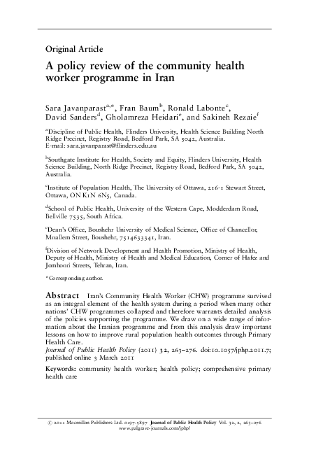 (PDF) A policy review of the community health worker programme in Iran ...