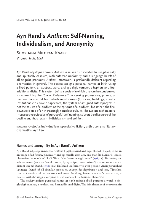 (PDF) Ayn Rand’s Anthem: Self-Naming, Individualism, and Anonymity